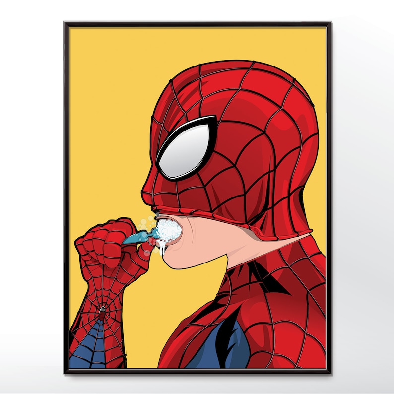 Spiderman brushing teeth Poster wall art. Superhero funny | Etsy