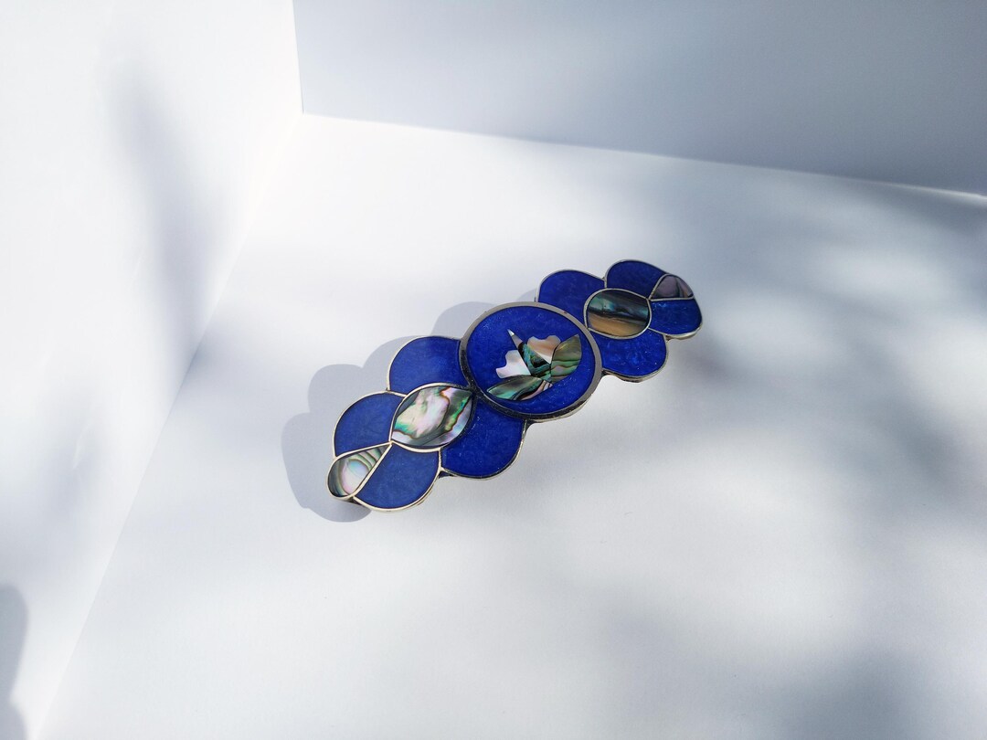 Vintage Mexican Alpaca Barrette Blue Enamel Abalone Shell Inlay Lotus ...