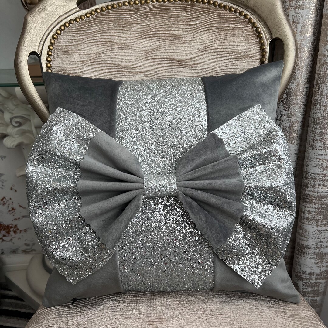 Sparkle Grey / Silver Luxury Soft Velvet, Silver Glitter Bow, Cushion ...