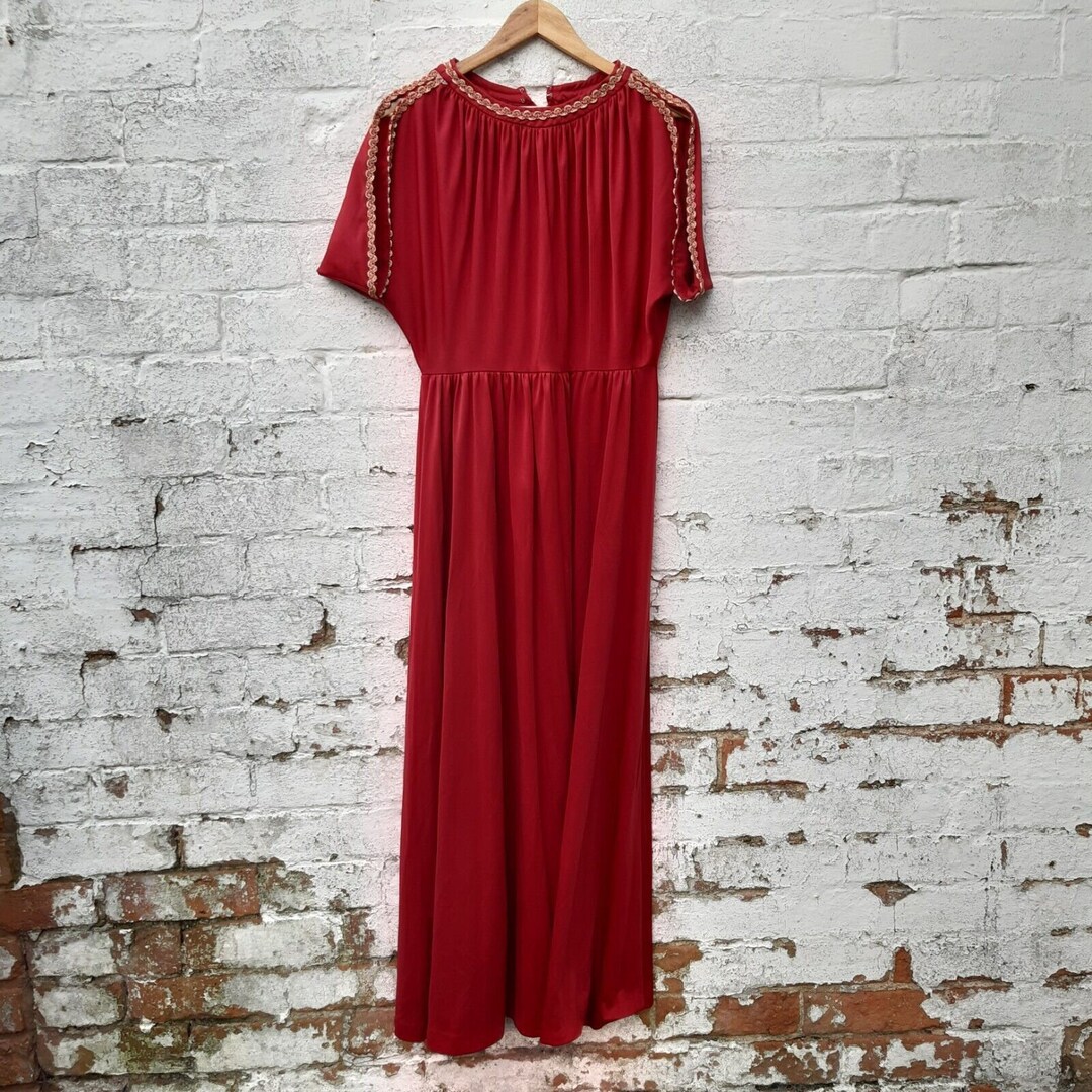 Vintage Red Handmade Dress Grecian Style 1960s 70s Size Small Gold Rik ...