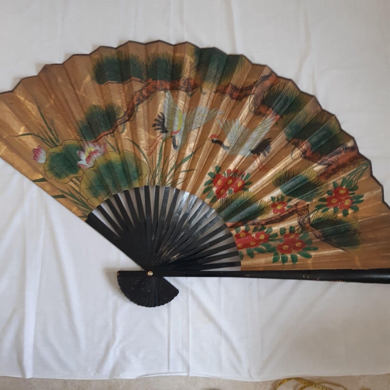 Large Chinese Wall Fan Hand Painted Gold With Cranes Flowers 50 X 30 ...