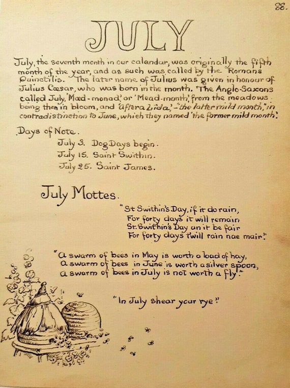 Edith Holden July Dates and Mottoes Calligraphy Print - Etsy