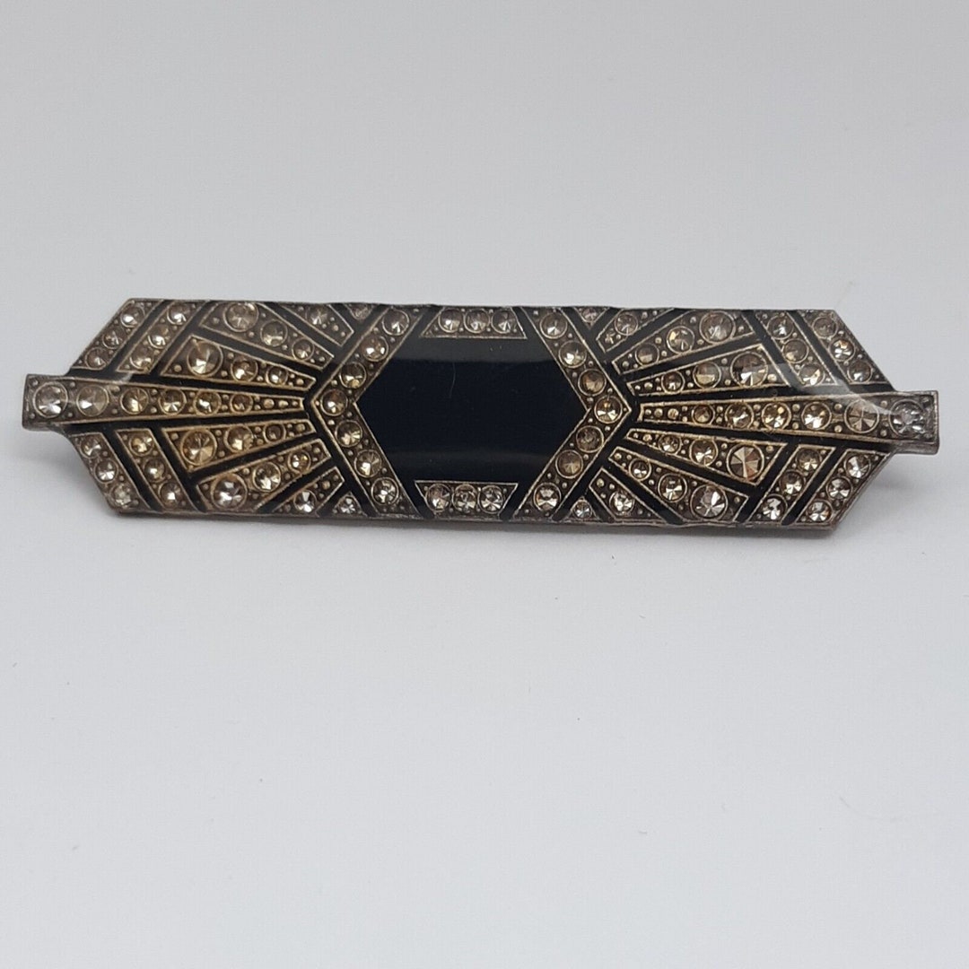 Pierre Bex Brooch Art Deco Style Silver Plated W Black Enamel and ...