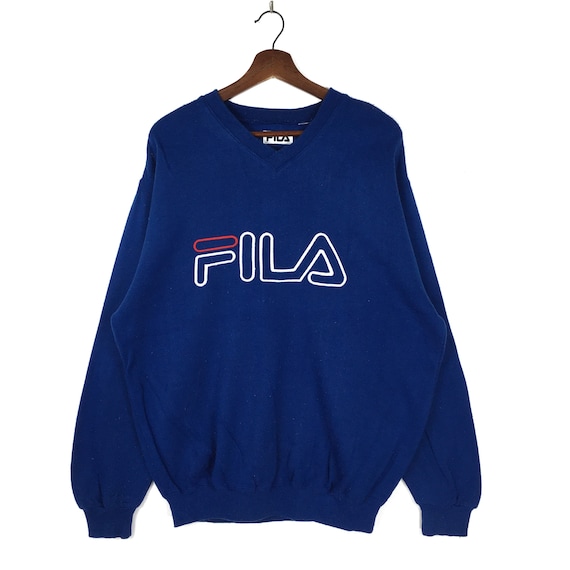 Vintage FILA V neck Sweatshirt Embroidery Big Logo Spellout Fila Jumper Pullover Size L Etsy Canada