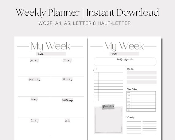 Weekly Planner Printable WO2P Minimalist Weekly Schedule - Etsy
