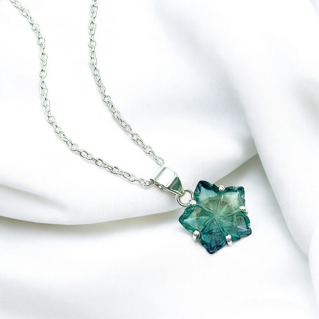 Hand Carved Green Fluorite Flower Pendant Necklace - Boho Hippie Style ...