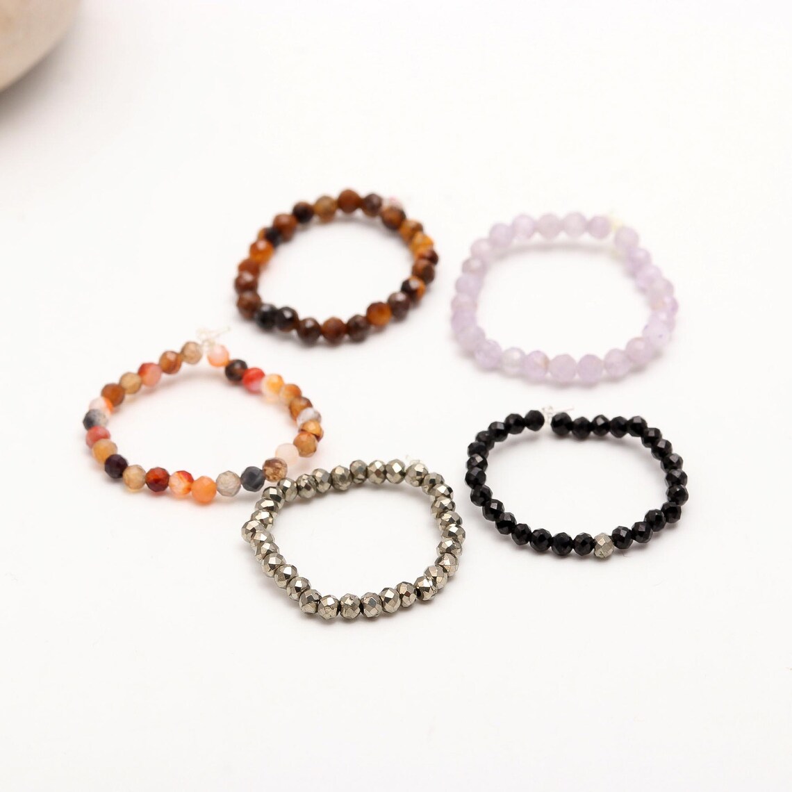Beaded Stackable Gemstone Rings, Stretchable 2 MM Round Faceted Beads ...