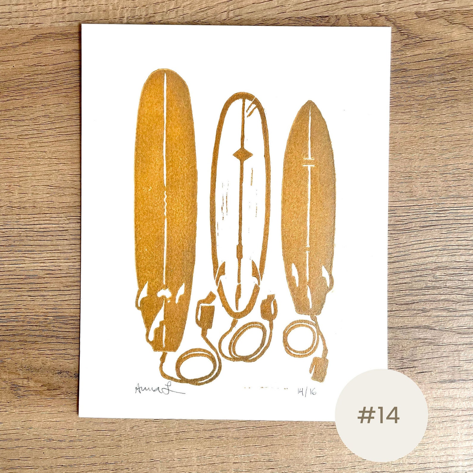 Surfboard Linocut Block Print Original Handprinted Artwork 8x10 Mat ...