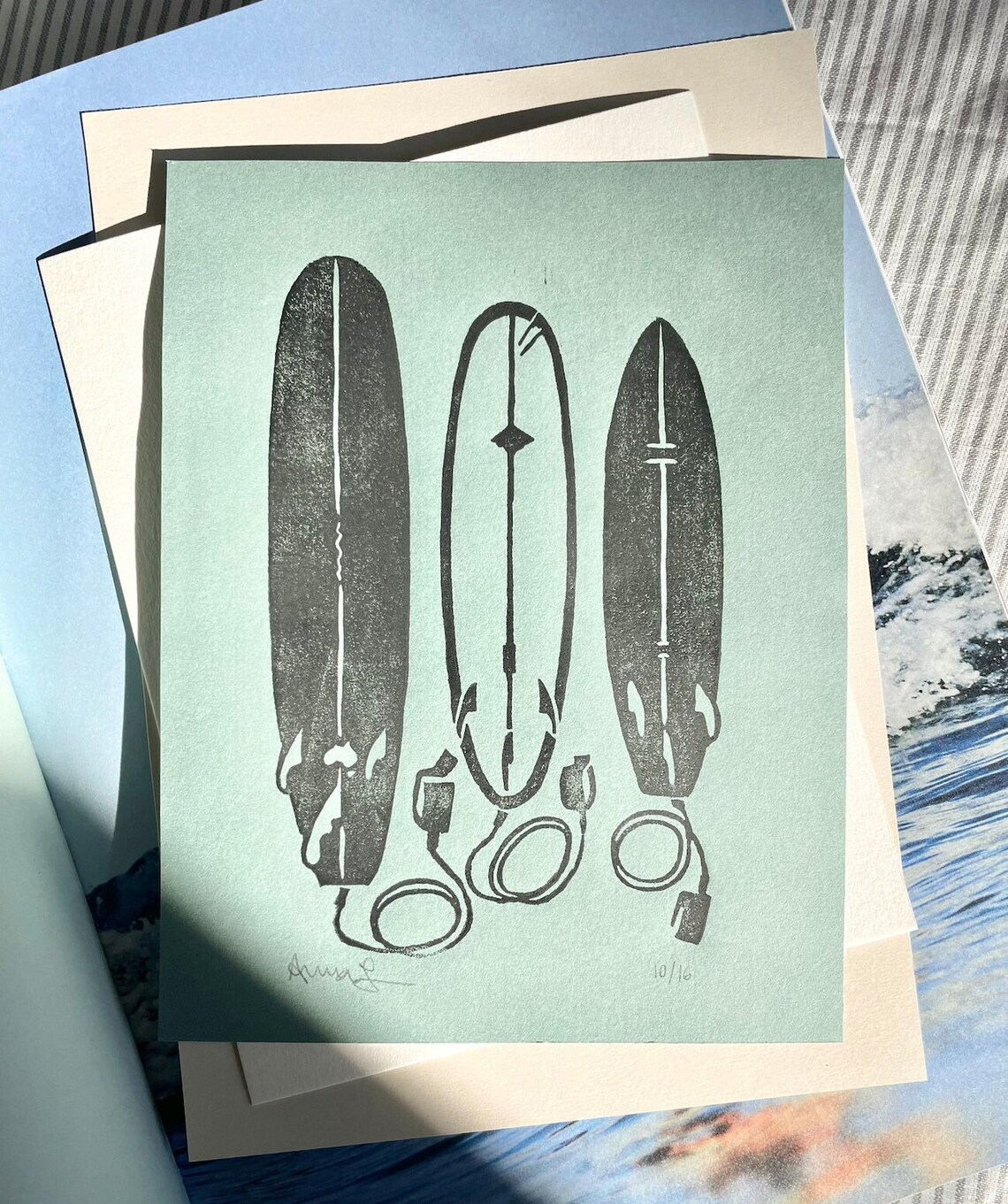 Surfboard Linocut Block Print Original Handprinted Artwork 8x10 Mat ...