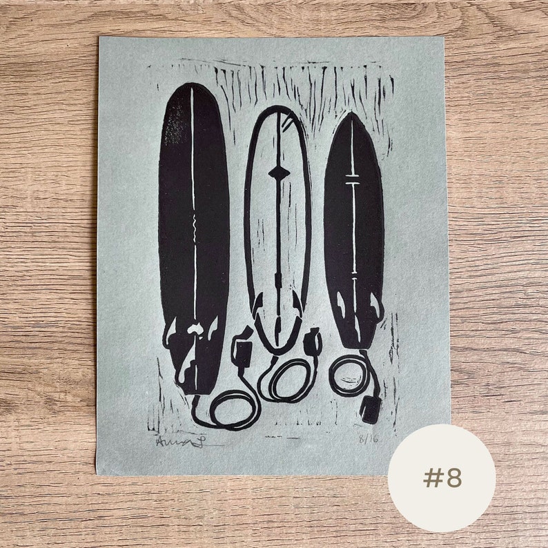Surfboard Linocut Block Print Original Handprinted Artwork 8x10 Mat ...
