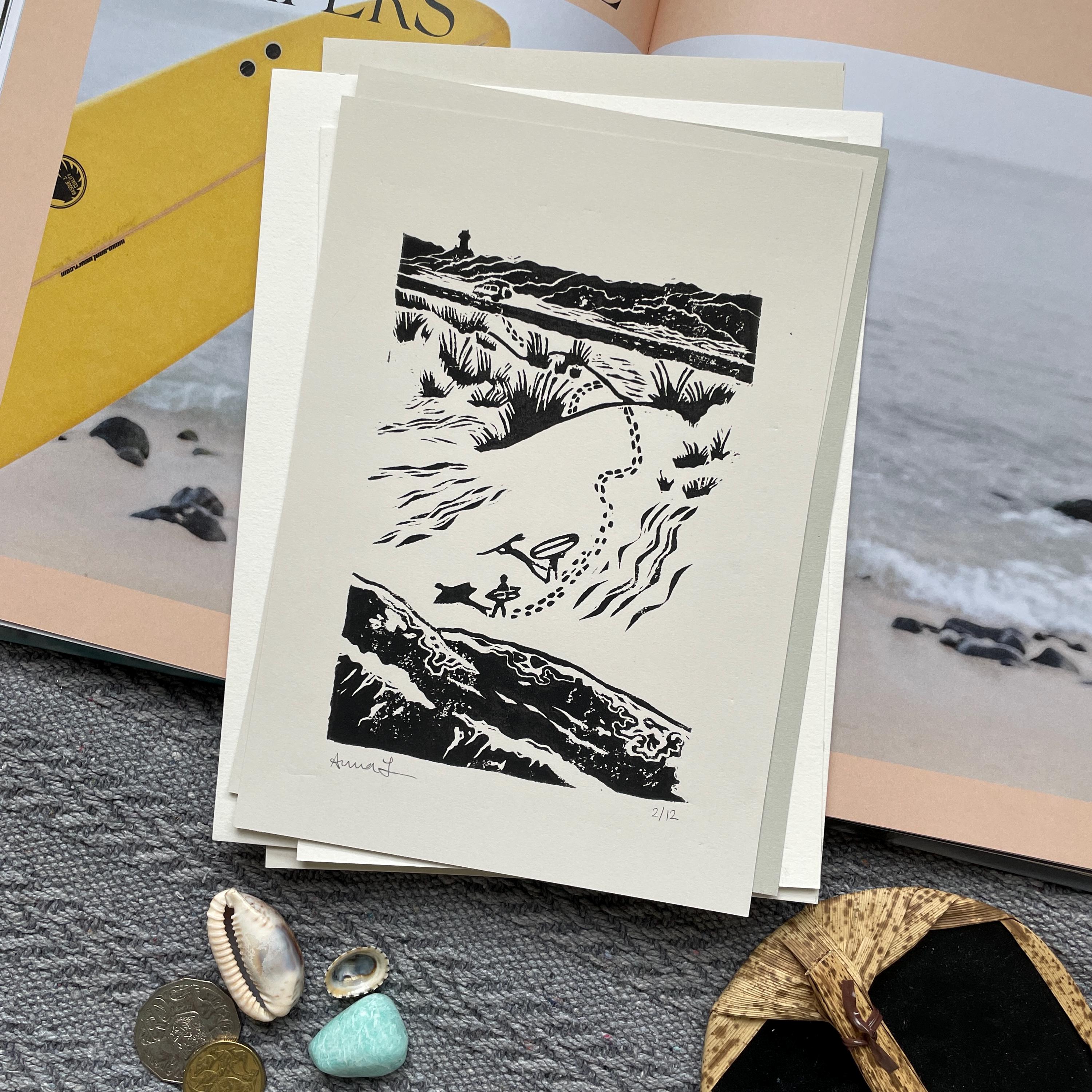 OBX Beach Surfers Linocut Block Print | Original Handprinted Artwork ...