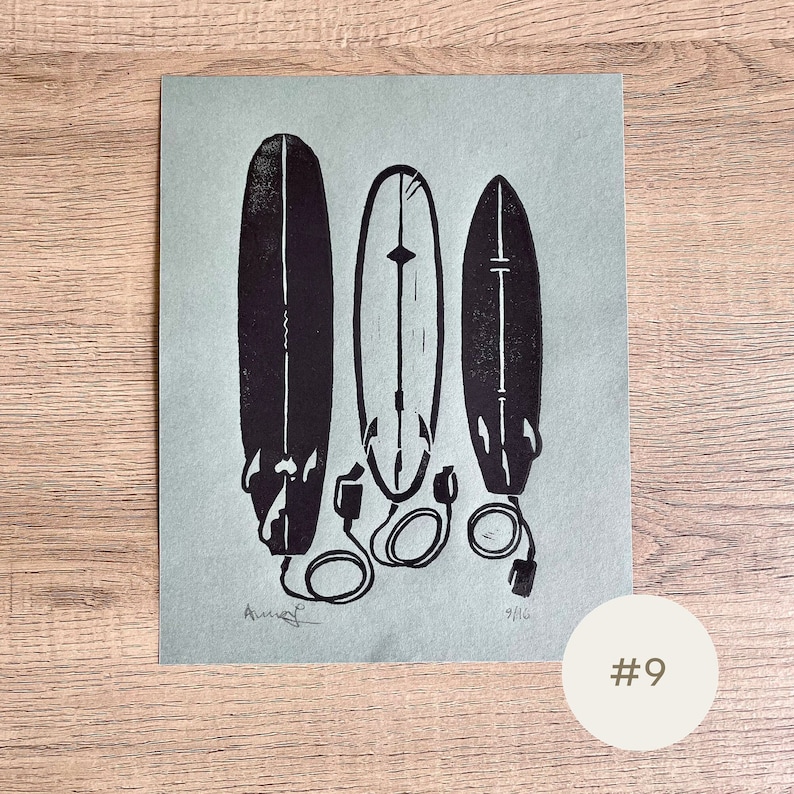 Surfboard Linocut Block Print Original Handprinted Artwork 8x10 Mat ...