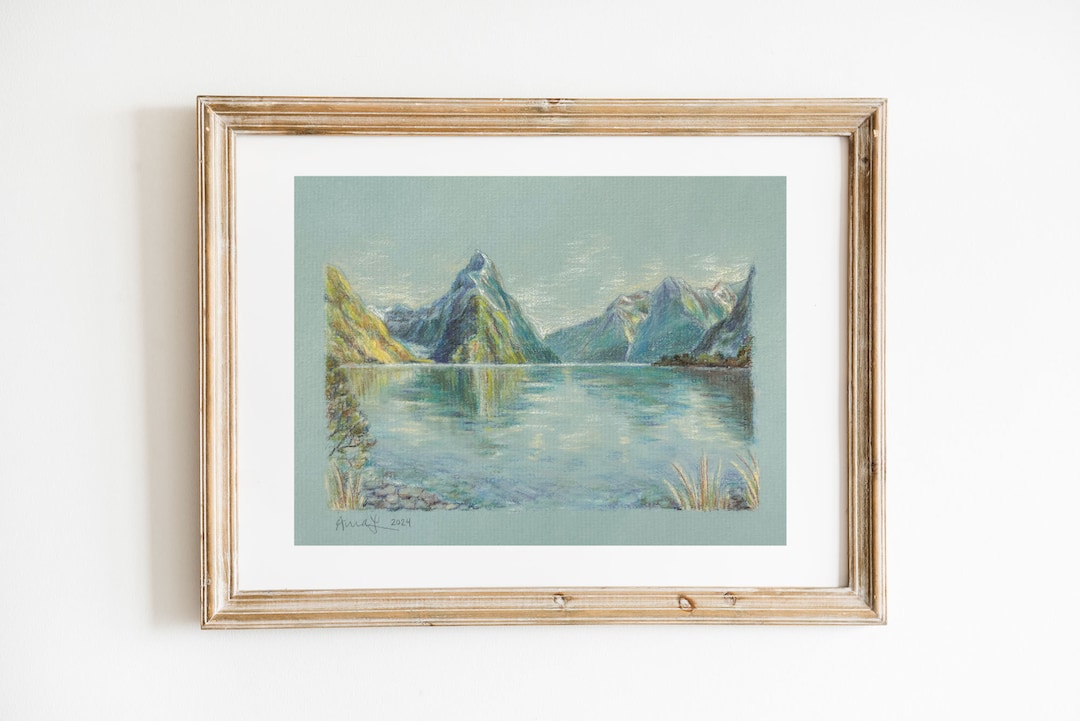 Milford Sound New Zealand Pastel Art Print | 8x10 | South Island Fjord ...
