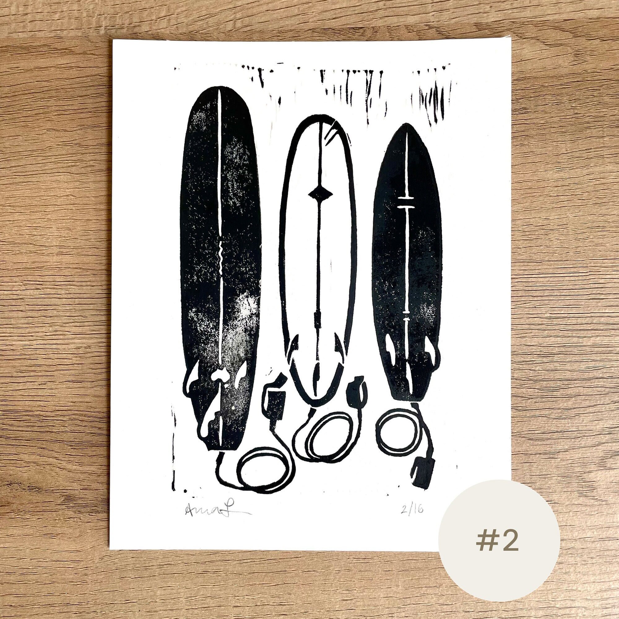 Surfboard Linocut Block Print Original Handprinted Artwork 8x10 Mat ...
