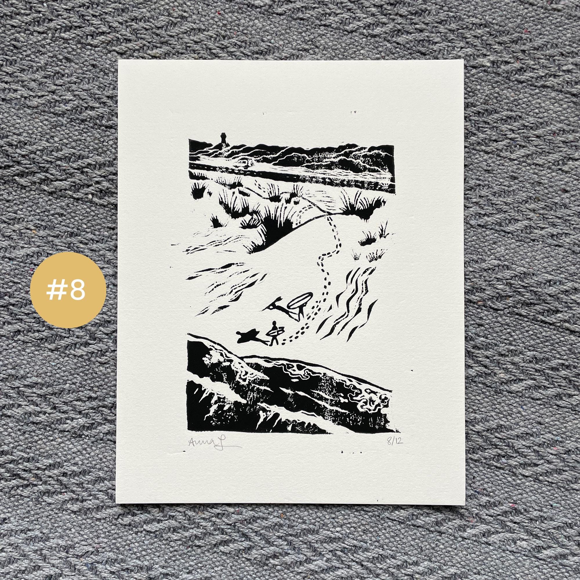 OBX Beach Surfers Linocut Block Print | Original Handprinted Artwork ...