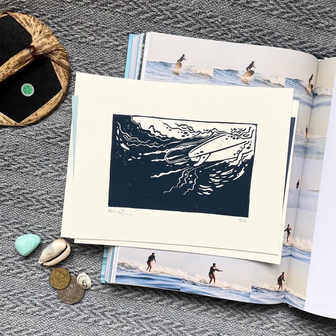 Ocean Surfboard Linocut Block Print | Original Handprinted Artwork ...