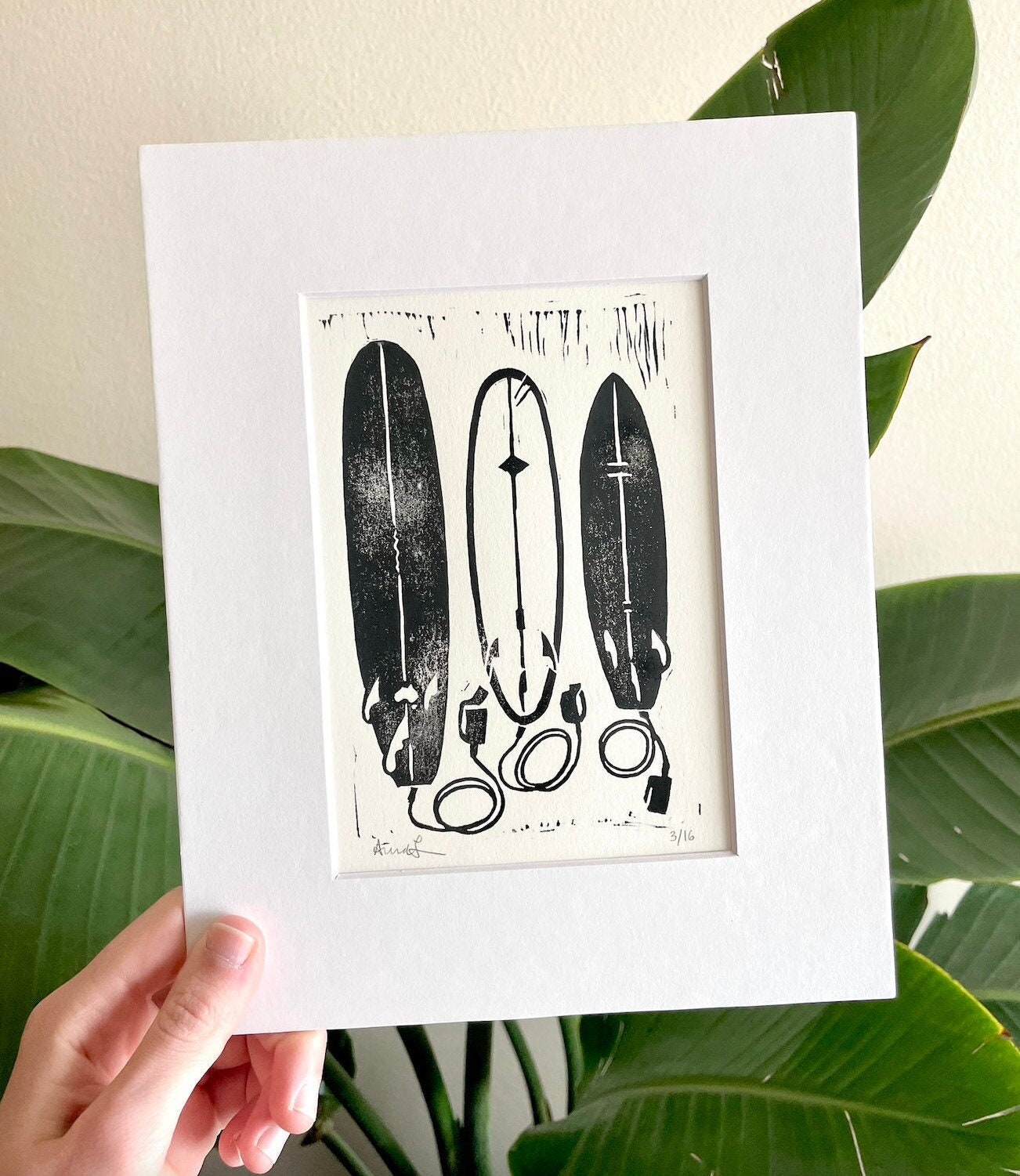 Surfboard Linocut Block Print Original Handprinted Artwork 8x10 Mat ...