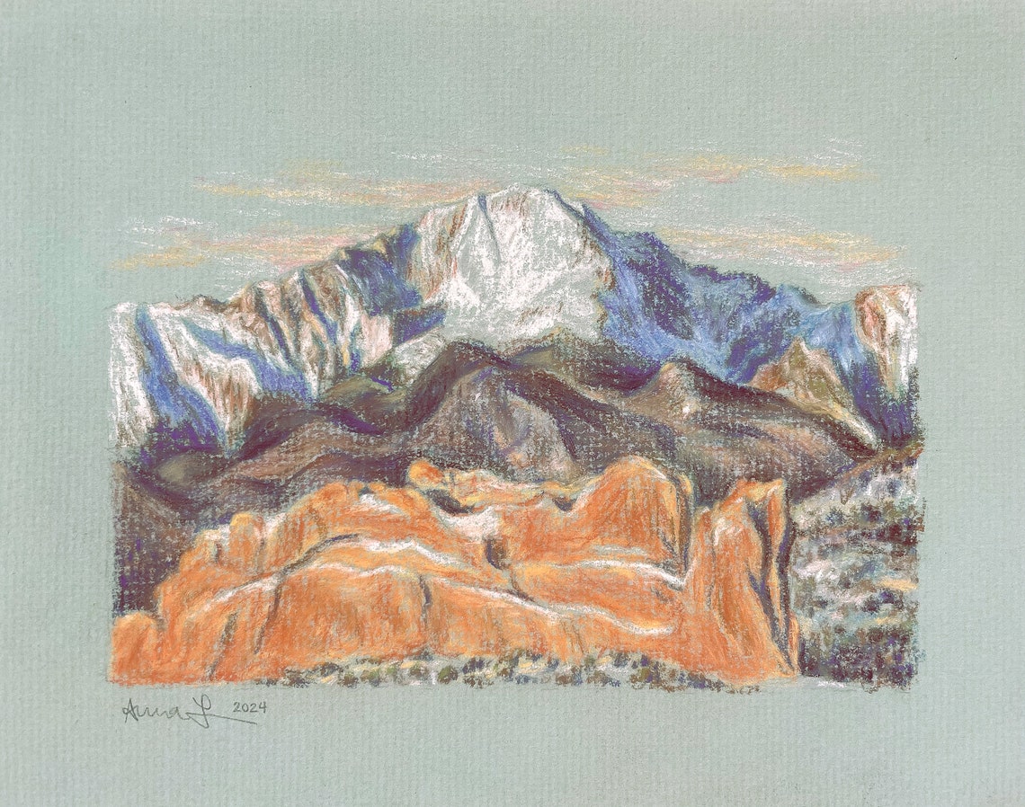 Pikes Peak Original Pastel Drawing | 6x8 | Colorado Springs Scenery ...