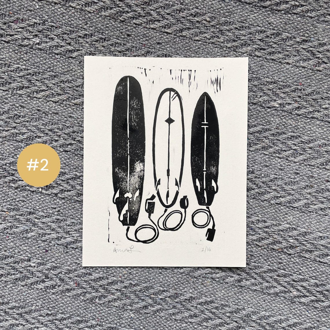 Surfboard Linocut Block Print | Original Handprinted Artwork | 5x7 ...