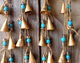Bells on String With BLUE Ceramic Beads, Rustic Windchime, Vintage Cow ...