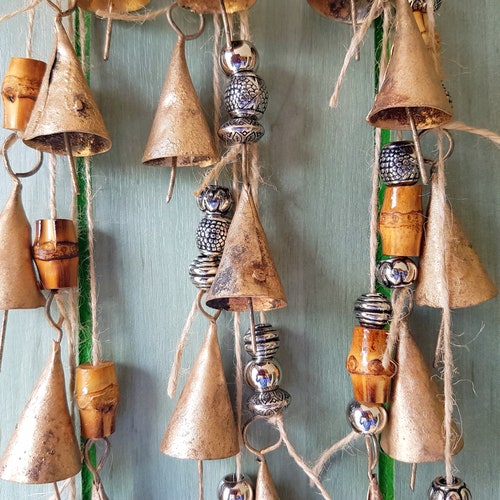 Bells on String With BLUE Ceramic Beads Rustic Windchime | Etsy