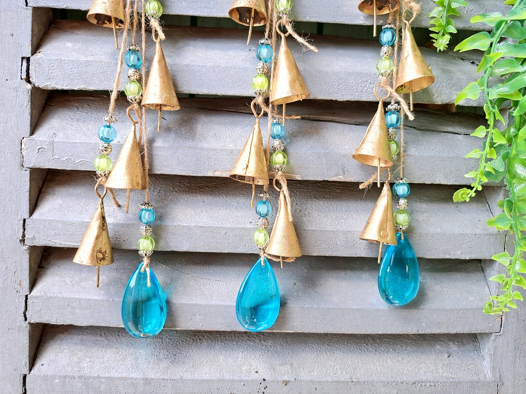 Hippie Boho Windchime With Silver and Acrylic Beads, Blue Green Color ...