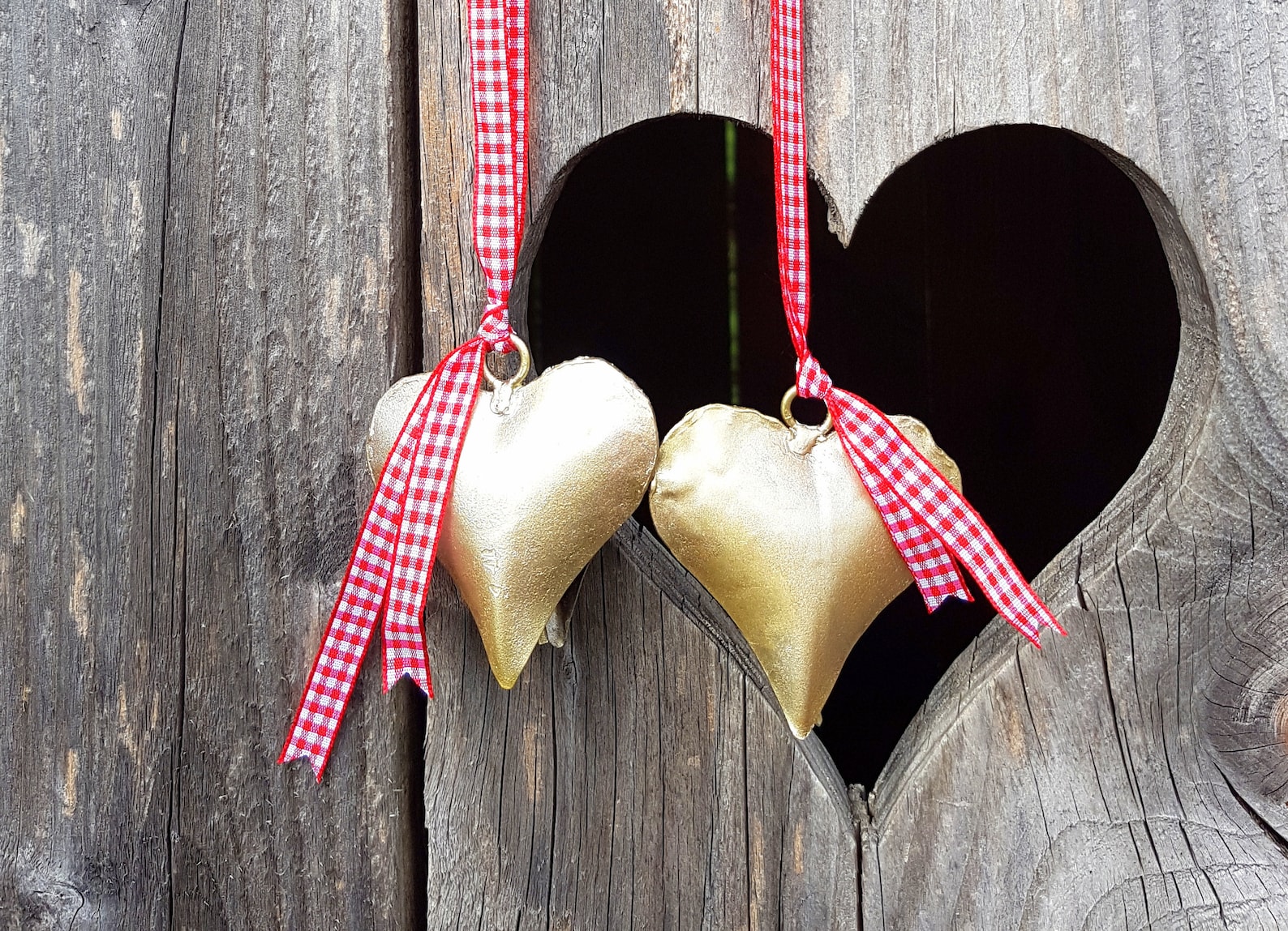 2 Golden Heart Shaped Bells With Red and White Ribbon French | Etsy