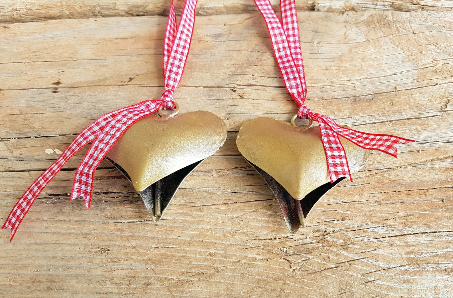 2 Golden Heart shaped bells with red and white ribbon French | Etsy