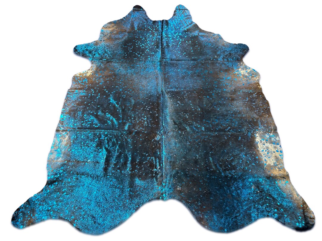 Dark Cowhide Rug With Blue Metallic Acid Washed Size: 8x7 Feet D-132 - Etsy