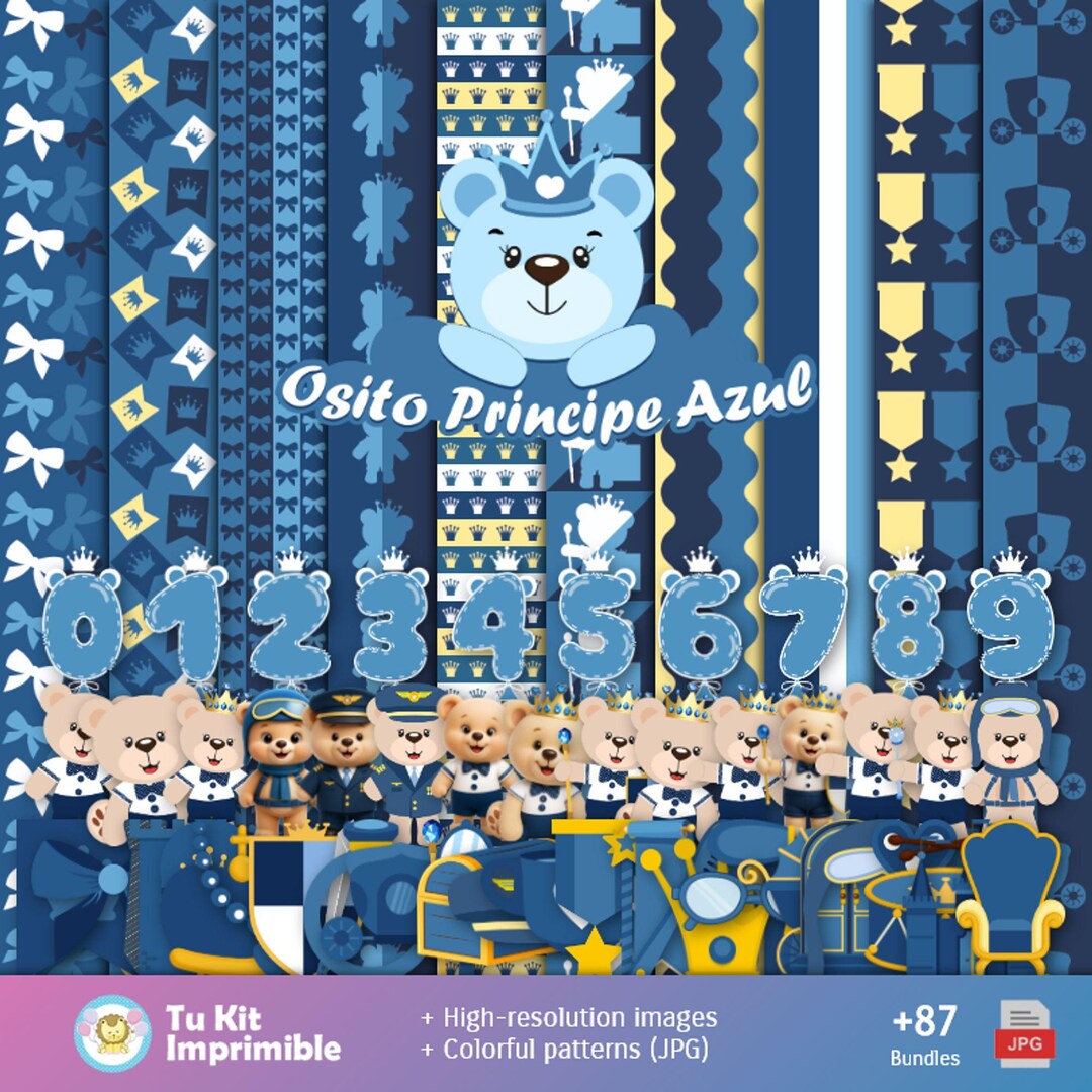 Blue Prince Teddy Bear Digital Papers - Baby Shower Royal Bear Seamless ...