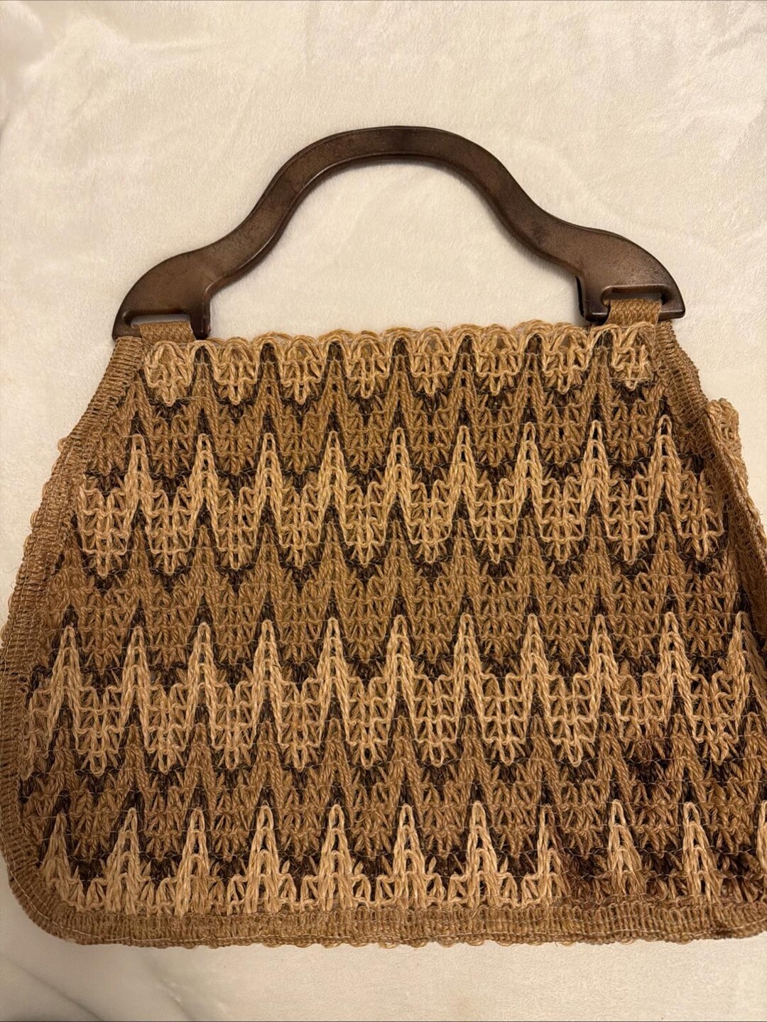 Vintage Woven Straw Raffia Handbag Wooden Handles Boho Tote Purse 70s ...