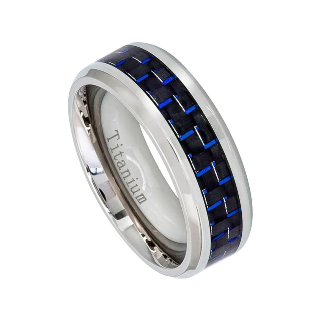 Blue Carbon Fiber Titanium Ring 8mm Engagement Silver Ring Mens Wedding ...