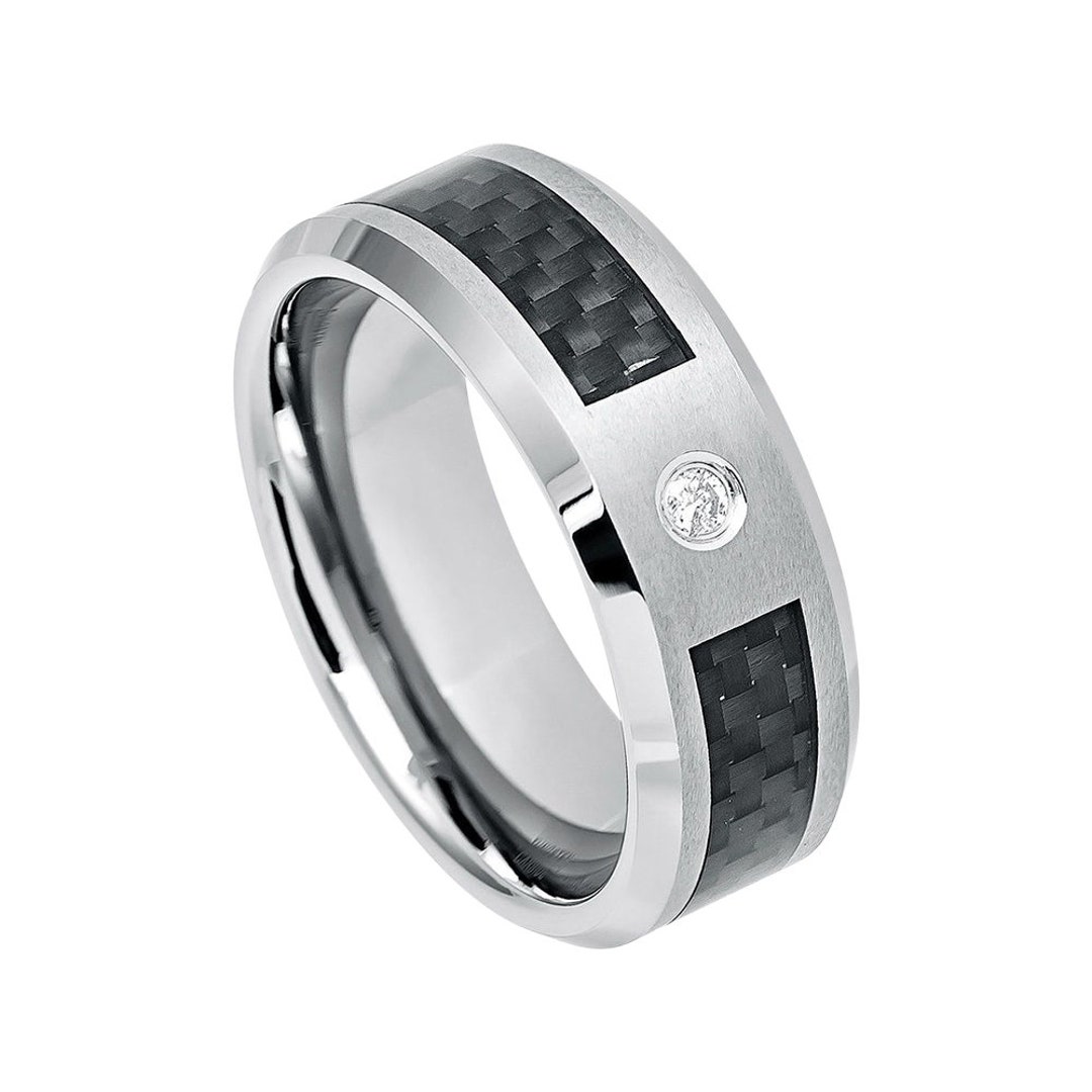 Mens Diamond Wedding Band Tungsten Ring Man Wedding Band 8mm Brushed ...