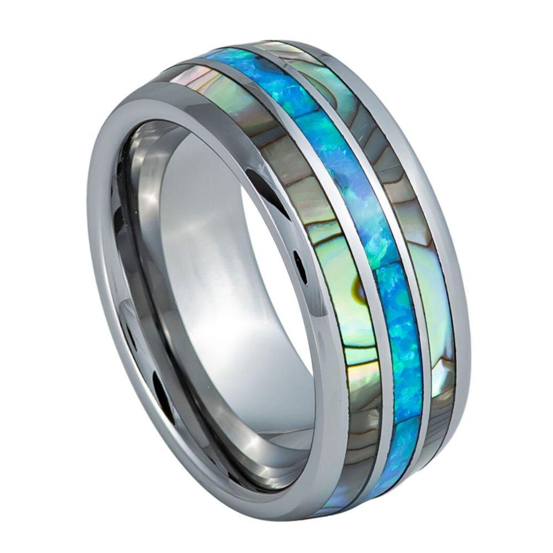 Abalone & Opal Silver Ring Mens Wedding Band 8mm Engagement Band ...