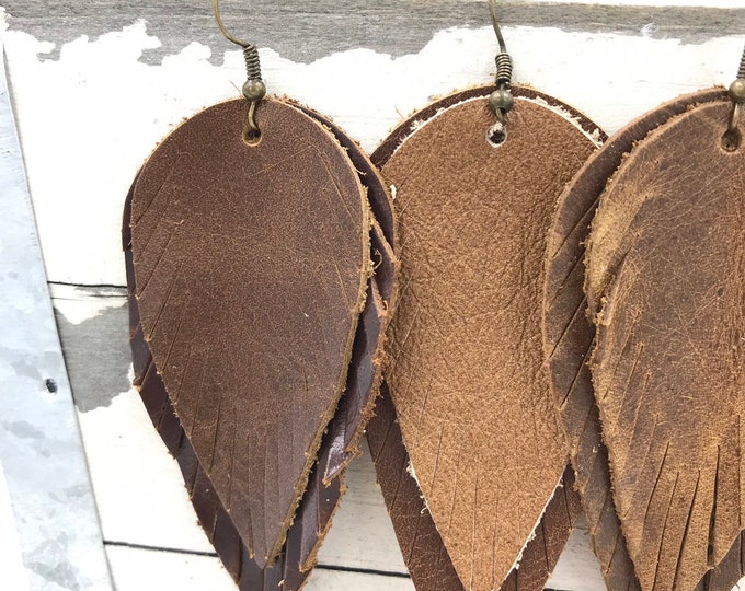 Leather Earrings-leather Leaf Earrings-rustic Boho Chic -2.5"-3" Pre ...