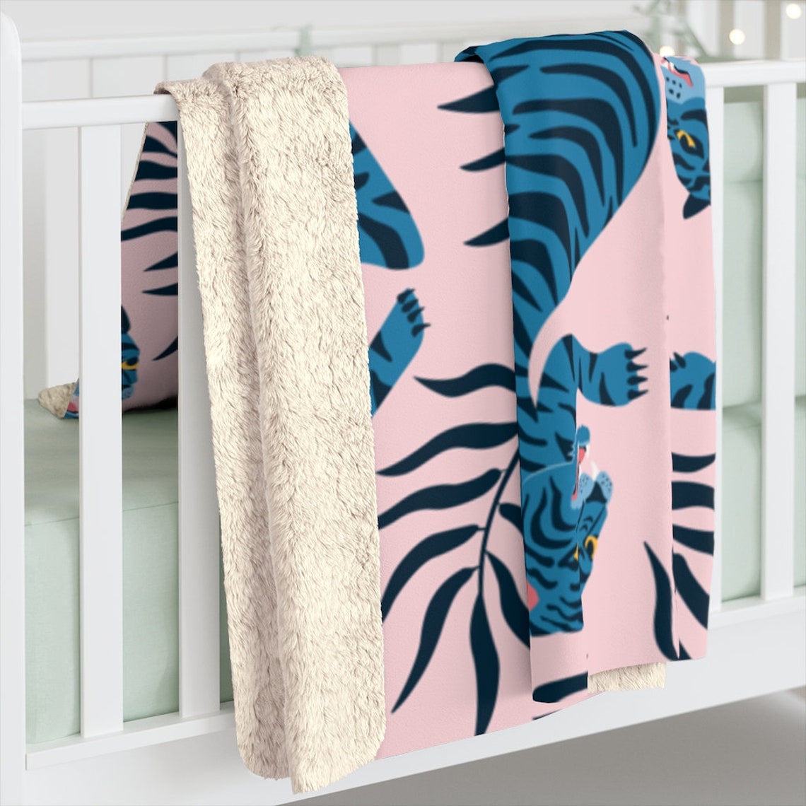 Wild Tiger Fleece Blanket Pink & Blue Jungle Pattern | Etsy