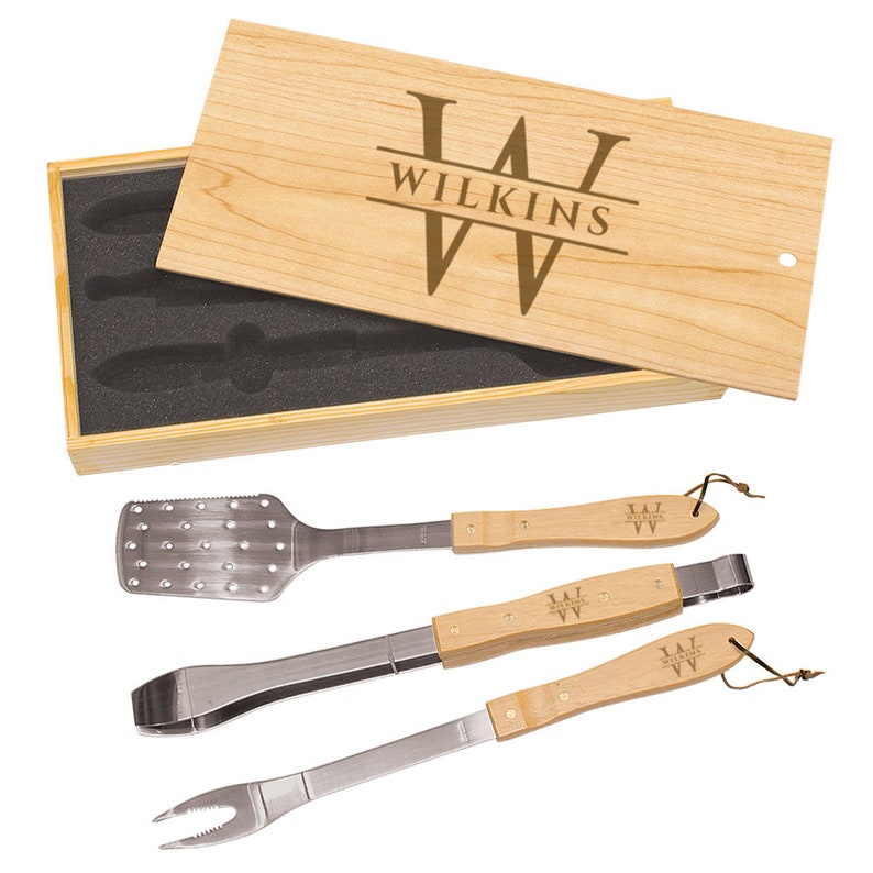 Personalized Engraved Three-piece BBQ Grill Tool Set With Pine Box ...