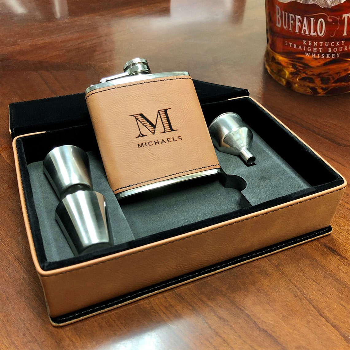 Personalized Engraved Vegan Leather Flask Set - Custom Gift for ...