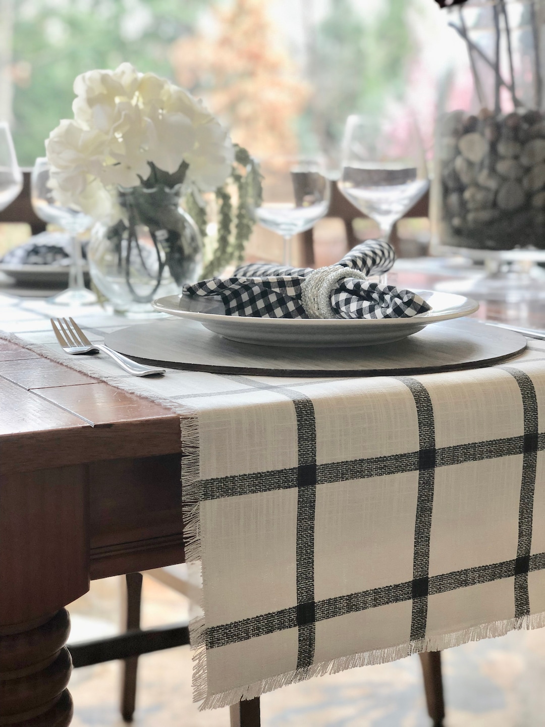 Cream and Black Plaid Table Runnerfringesfarmhousetable Decorwedding ...