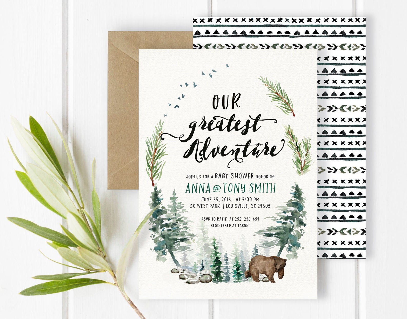 Woodsy Adventure Baby Shower Invitation, Pine Trees (digital Download ...
