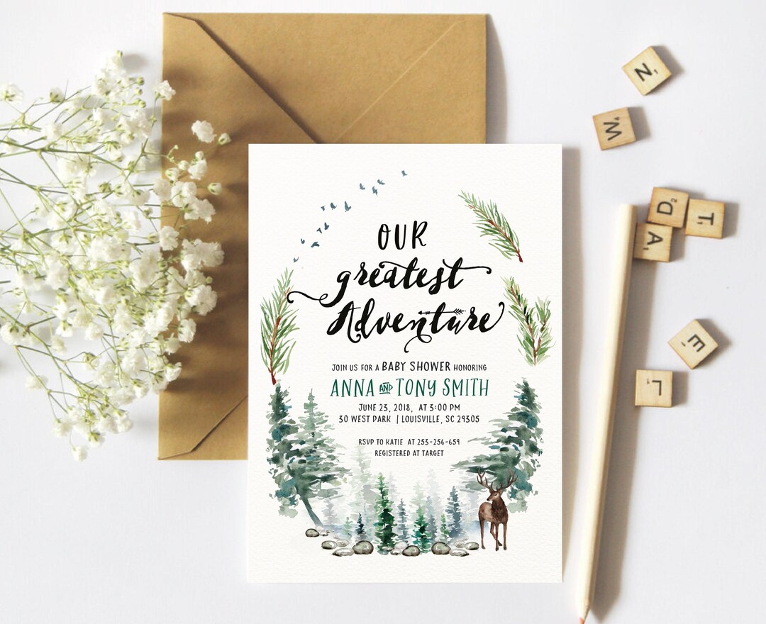 Adventure Baby Shower Invitation, Rustic Pine Trees (digital Download ...