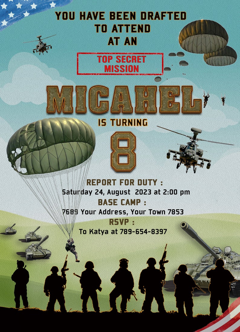 Editable Military Party Invitations. Army Birthday Invitation. Soldier ...