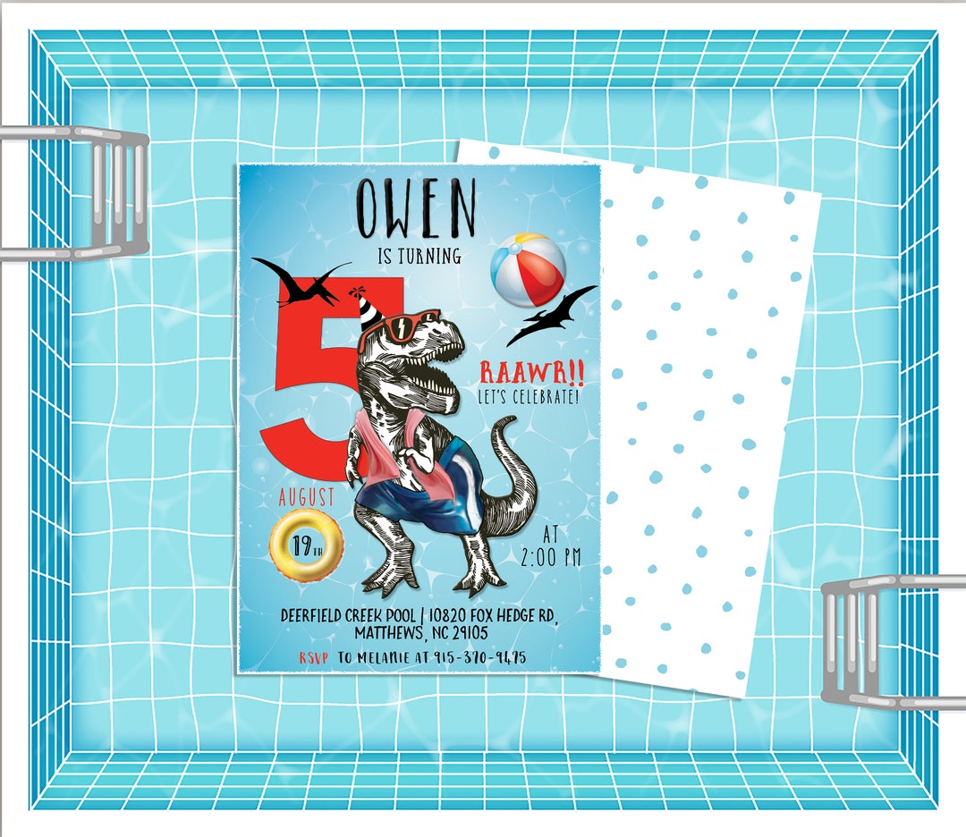 Dinosaur Pool Party Invitation - Swim Birthday Invite, Dino T-rex Boy ...