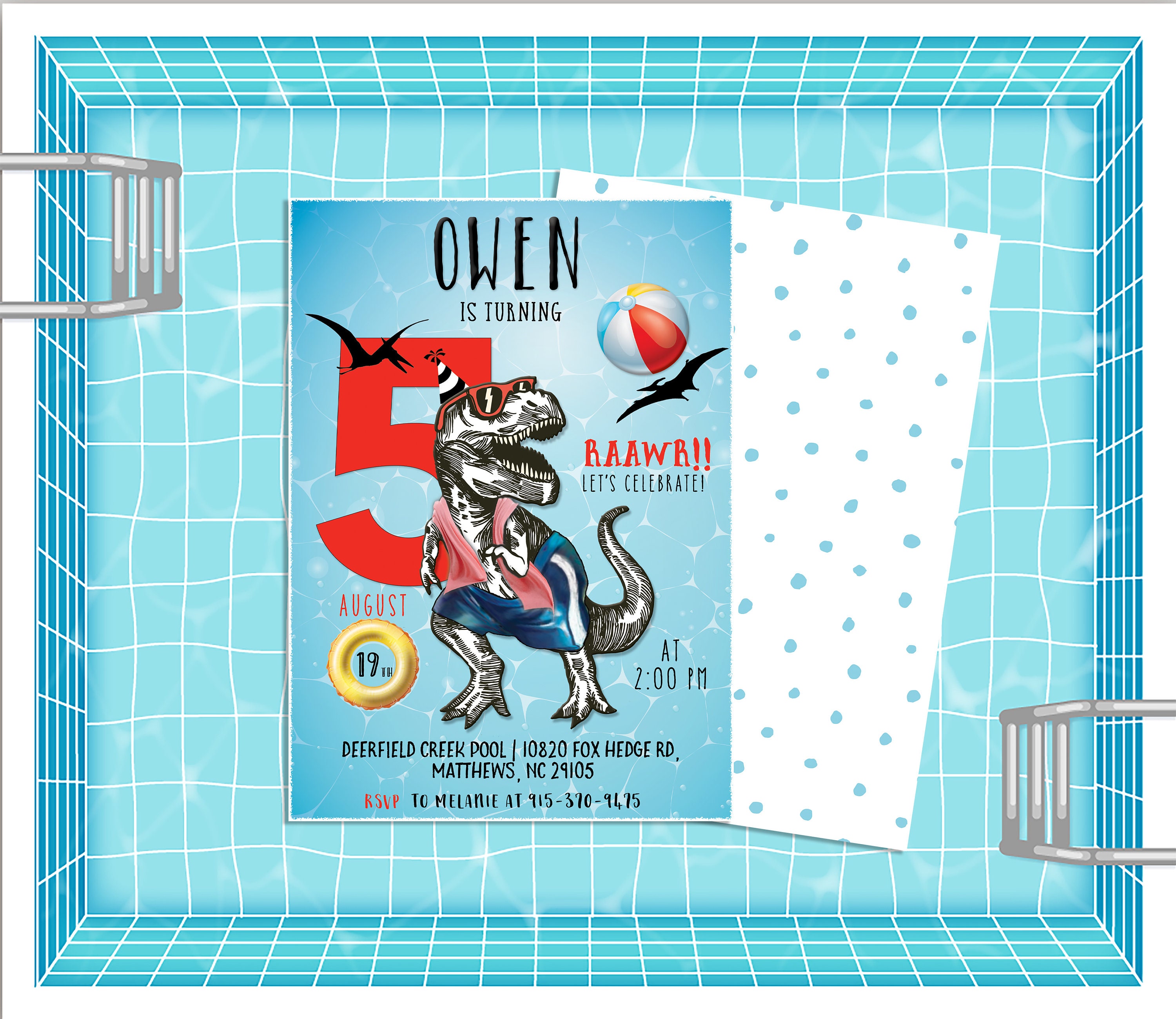 Dinosaur Pool Party Invitation - Swim Birthday Invite, Dino T-rex Boy ...