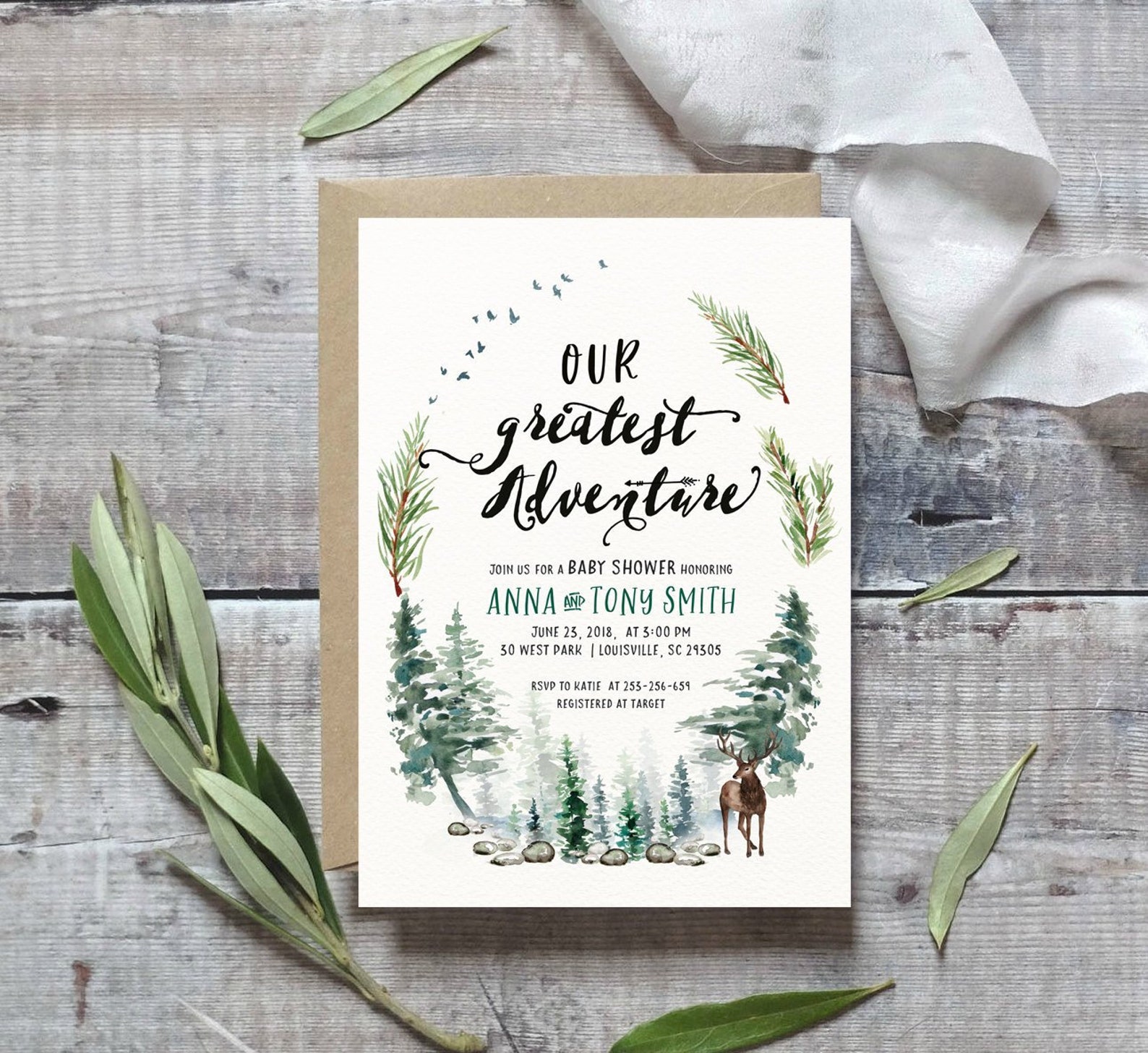 Adventure Baby Shower Invitation, Rustic Pine Trees (digital Download ...