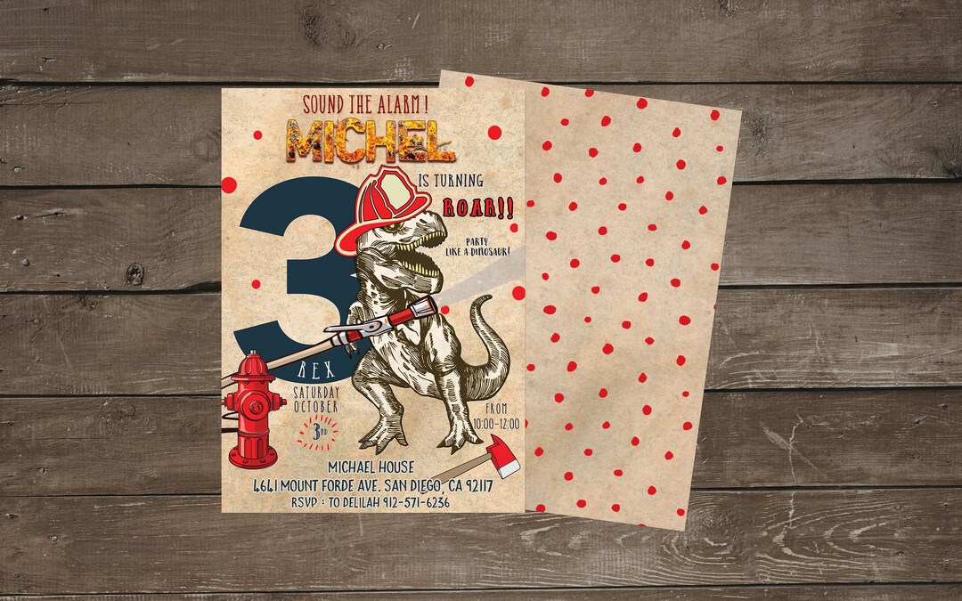Firefighter Dinosaur Birthday Invitation | Dinosaurs Invitation ...