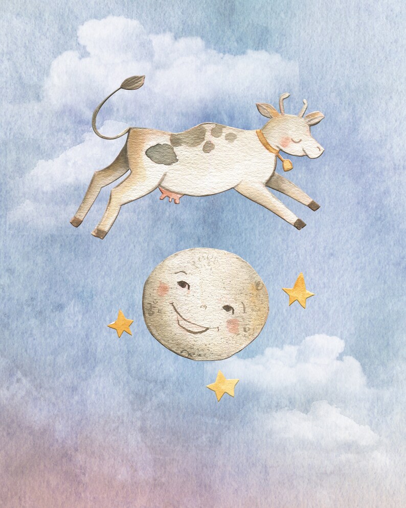 Cow Over the Moon ,picture for Baby Room, Nursery Rhyme Prints, Digital ...
