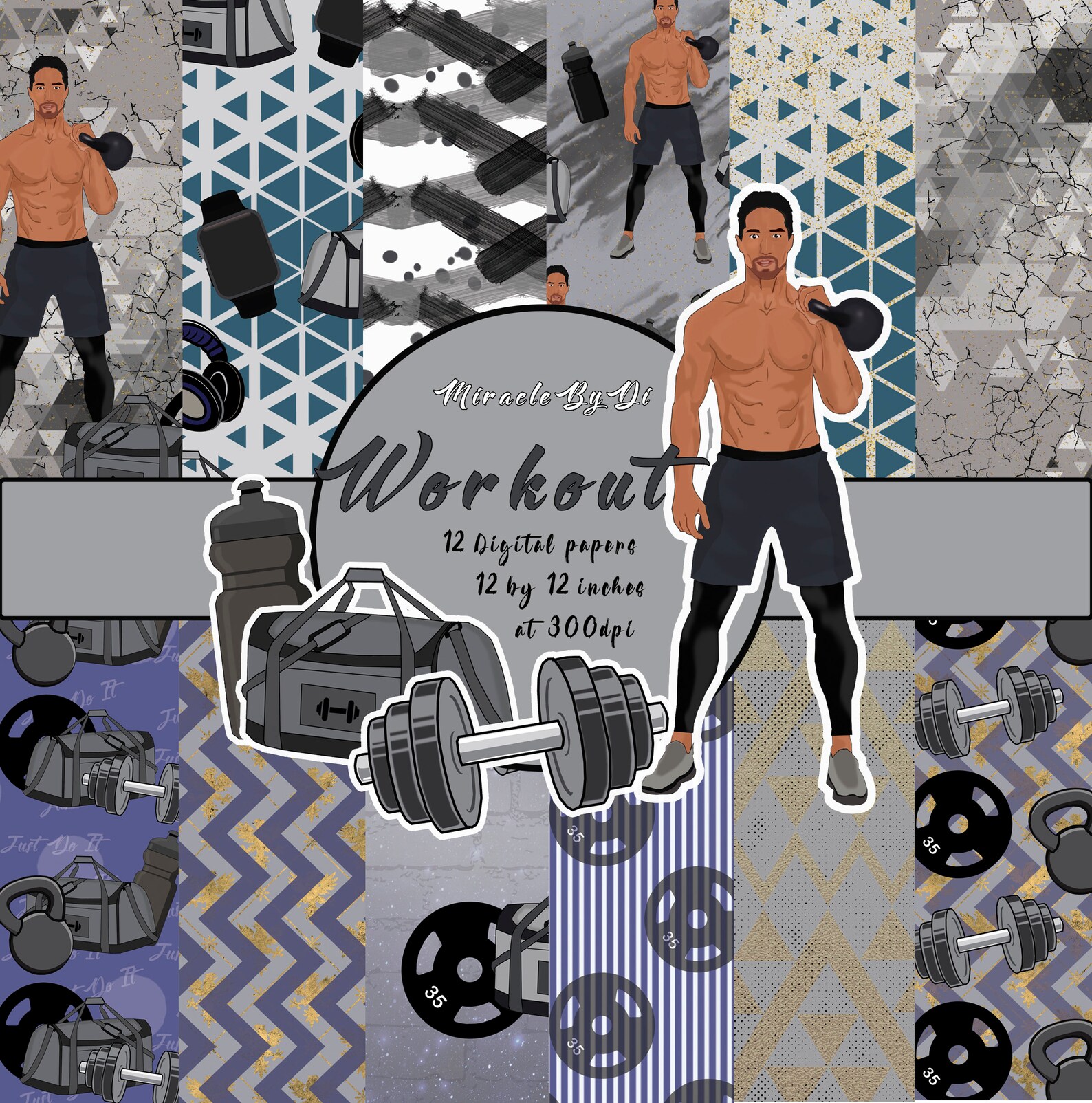 Fitness Digital Paper Fitness Men Pack Gym Sports Background Men ...