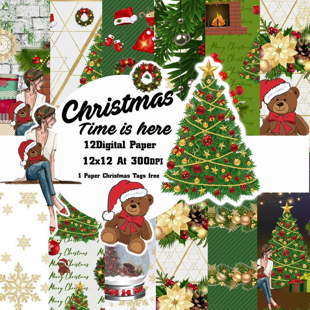 Christmas Digital Paper Pack, Christmas Digital Paper, Gifts, Gold ...