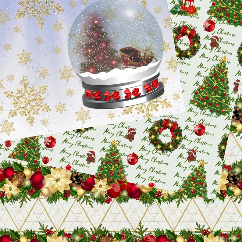 Christmas Digital Paper Pack, Christmas Digital Paper, Gifts, Gold ...